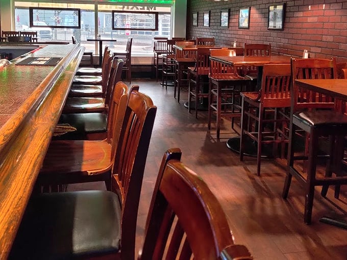 Warm wood and brick create the perfect backdrop for serious comfort food conversations.