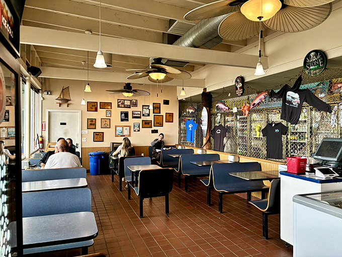 Inside Neptune's Net, nautical nostalgia meets casual comfort. Those ceiling fans have witnessed countless seafood revelations and biker gatherings.