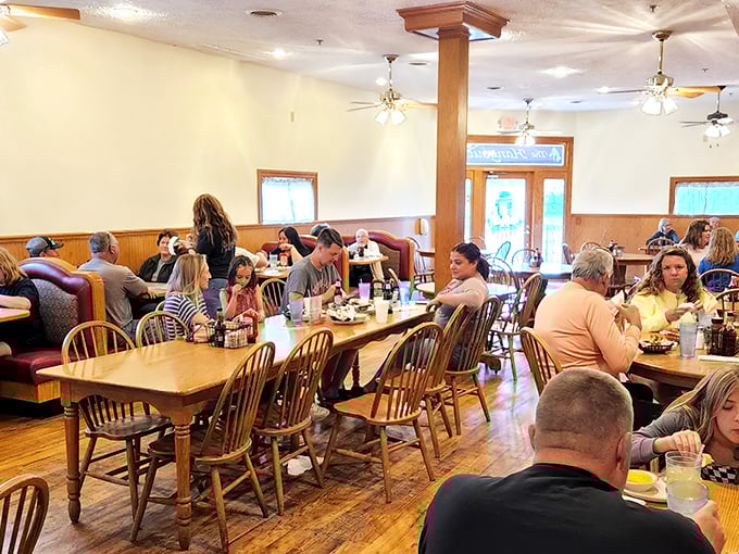 Where strangers become neighbors over comfort food. The Hangout's dining room buzzes with conversation while wooden chairs and tables invite you to stay awhile.
