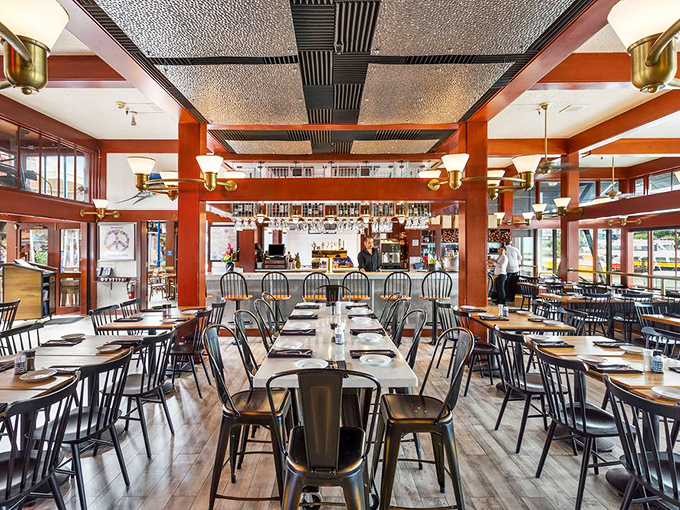 Inside, warm lighting and maritime touches create the perfect backdrop for serious chowder contemplation.