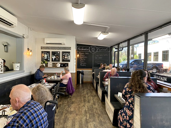 Where breakfast dreams come true. The cozy interior of Grumpy's feels like dining in grandma's kitchen, if grandma was a breakfast wizard.