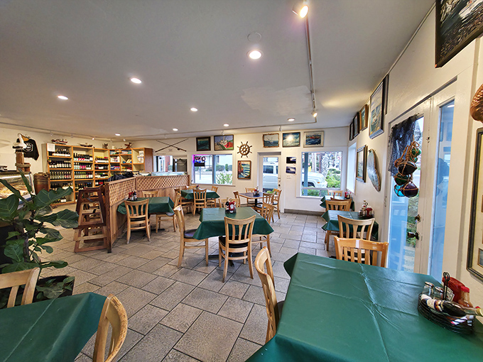Simple wooden tables, nautical decor, and the promise of ocean-fresh delights. This dining room doesn't need fancy frills when the food does all the talking.