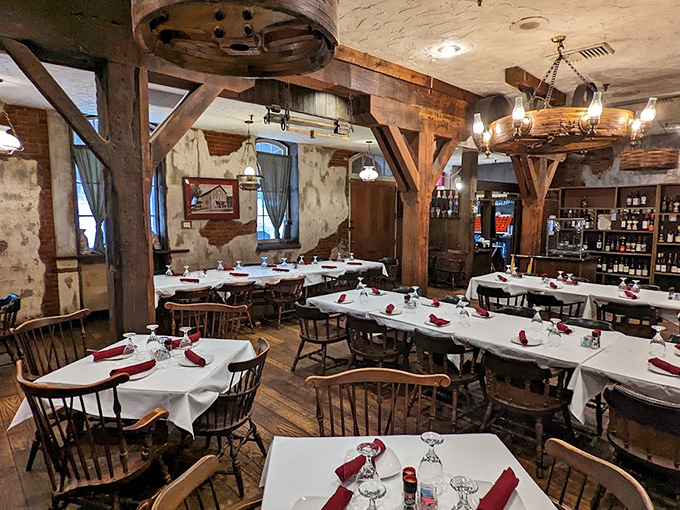 Step inside and you're transported to another era&mdash;massive wooden beams and exposed brick walls create a dining atmosphere that's both rustic and refined.