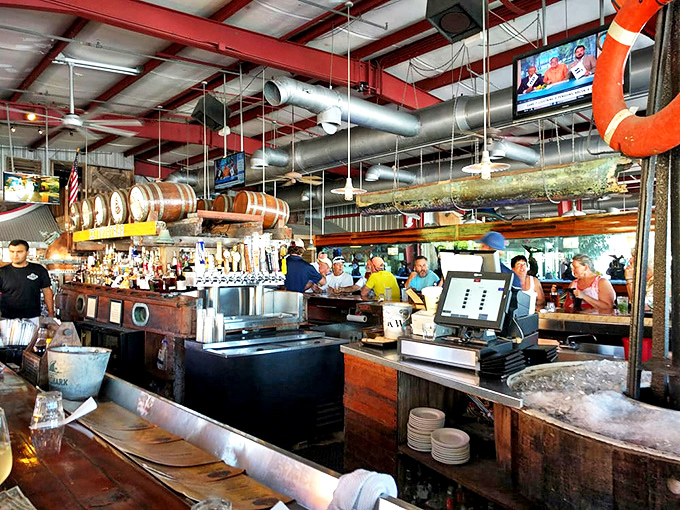 Where maritime history meets happy hour. Those wooden barrels hanging from the ceiling aren't just for show&mdash;they're storytellers.