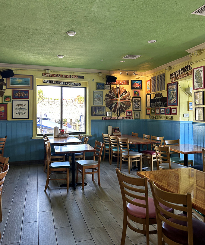 Inside, the sea-green ceiling and maritime memorabilia create the perfect backdrop for seafood stories waiting to be written with each delicious bite.