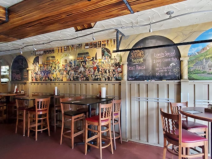 Inside, wooden beams and memorabilia create that perfect "I've found my people" vibe. The chalkboard menu promises treasures that fancy restaurants can only dream about.