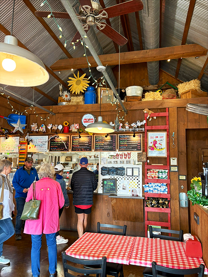 Step inside and you're greeted by rustic charm&mdash;exposed beams, string lights, and hay bales create the kind of atmosphere that makes calories count half as much.