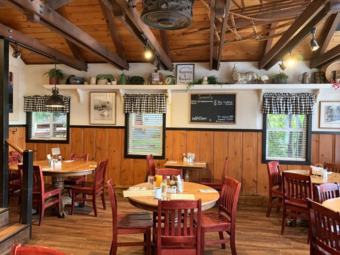 Wooden beams, checkered curtains, and cherry-red chairs create the perfect mountain breakfast sanctuary. Rustic charm with a side of maple syrup.