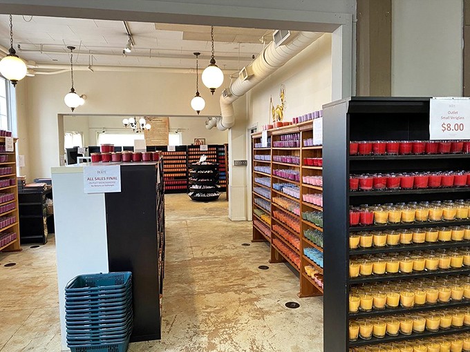 A rainbow of jar candles lines the shelves like a fragrant library where each "book" promises a different sensory journey. Choose your own aromatic adventure!