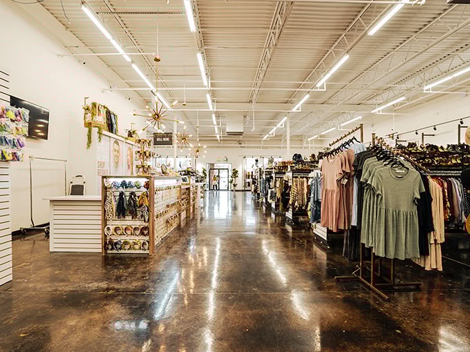 The polished concrete floors and open layout could belong in a high-end boutique, but the prices tell a different, much happier story.