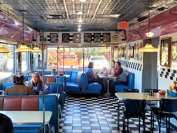 Step inside and you're transported to the 1950s&mdash;blue vinyl booths, checkered patterns, and a pressed tin ceiling create the perfect backdrop for breakfast bliss.