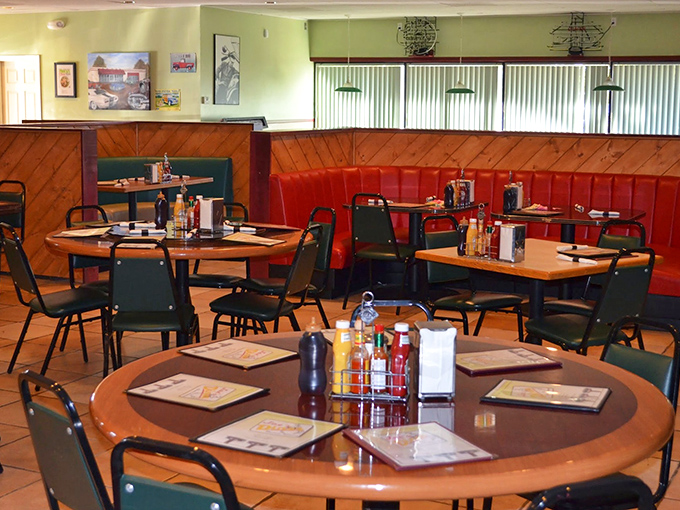 Classic red vinyl booths and wood paneling create that perfect nostalgic diner atmosphere&mdash;where calories don't count and conversations flow freely.