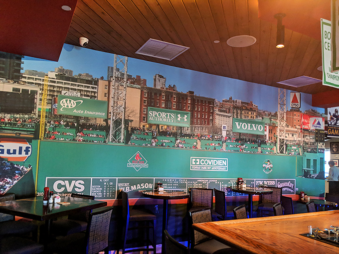 Fenway Park's Green Monster looms large inside, where you can practically smell the peanuts and Cracker Jack while dining oceanside in Florida.