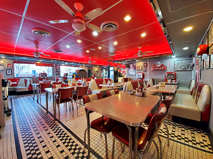 Red ceiling, white booths, gleaming chrome everywhere&mdash;this isn't just a diner, it's a technicolor dream where calories don't count and memories are made.