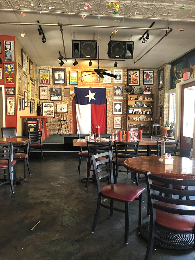 Step inside where Texas pride meets eclectic charm in every corner of this beloved breakfast haven.