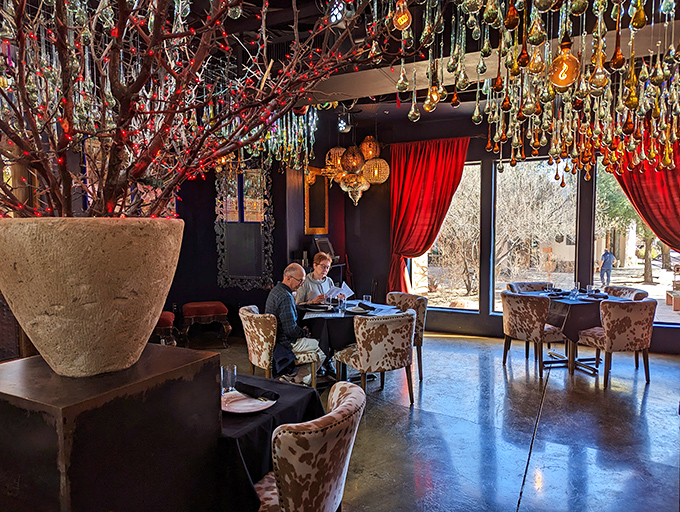 Dining under a constellation of colorful glass teardrops while red curtains frame the desert beyond&mdash;this isn't your average Taco Tuesday spot.