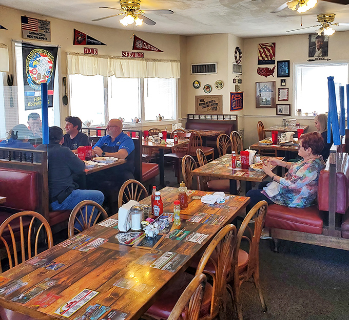 Step inside and you've entered the breakfast equivalent of Cheers&mdash;where red vinyl booths and sports pennants create the perfect backdrop for morning conversations.