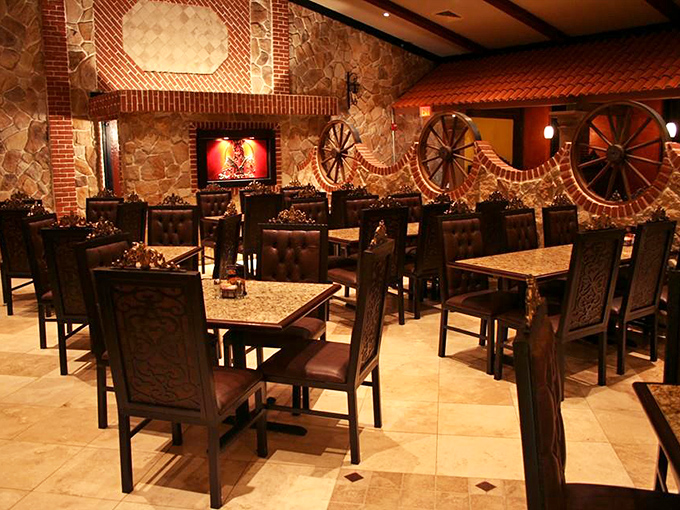 Stone walls, wagon wheels, and warm lighting create the perfect backdrop for your Mexican feast. It's like dining in a hacienda without the 2,000-mile flight.