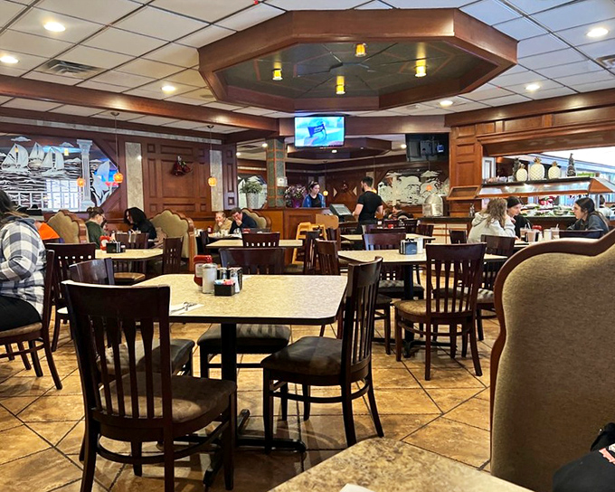 Wood paneling, comfortable booths, and that octagonal ceiling feature – this isn't just a diner, it's a time machine with better food.
