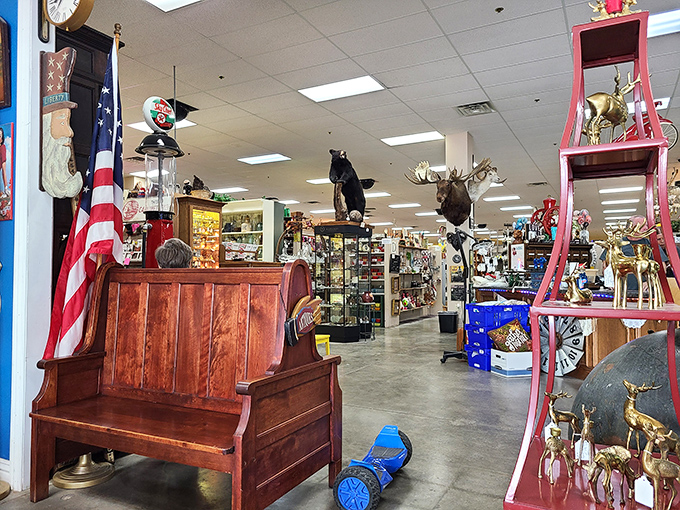 Step inside and the hunt begins! That church pew and taxidermy moose are just appetizers in this feast of vintage Americana.