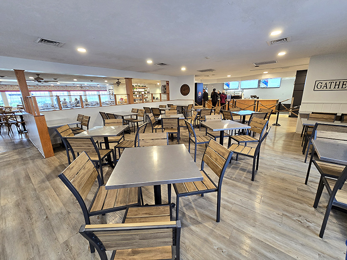 Inside, modern farmhouse meets cozy gathering spot. The "GATHER" sign isn't just decor&mdash;it's practically the mission statement of this community hub.