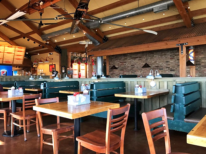 Rustic wooden beams meet modern comfort in this dining room where the only thing more inviting than the atmosphere is the aroma wafting from the kitchen.