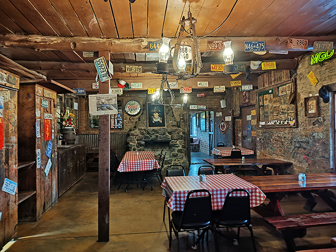 2. License plates from across America hang like metallic bunting above red-checkered tables. This isn't manufactured nostalgia; it's the real deal, earned one satisfied customer at a time.