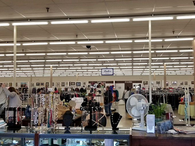 Treasure hunters navigate a sea of possibilities under fluorescent lights. The jewelry counter beckons with glittering potential while clothing racks stretch toward the horizon.