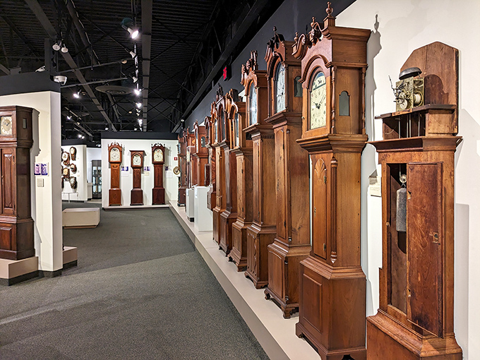 A corridor of history where grandfather clocks stand like silent sentinels, each with its own story to tell. Time travel has never been so literal.
