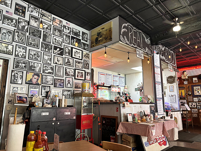 Wall-to-wall memories cover the dining room, creating an atmosphere somewhere between a BBQ shrine and your coolest uncle's basement. The checkered tablecloths complete the classic joint vibe.