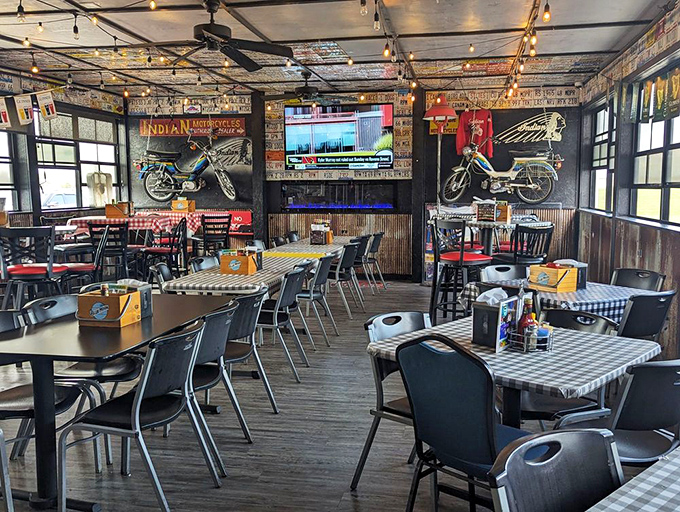 Motorcycles suspended from the ceiling, checkered tablecloths below &ndash; this isn't just dining, it's immersion in America's highway heritage.