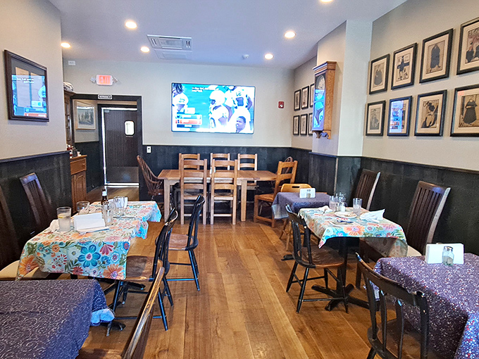 Inside McNally's, exposed beams and framed photographs create that perfect tavern atmosphere where stories are shared over great food.
