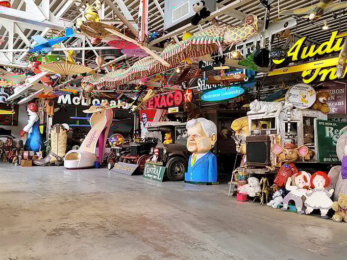 Vintage signs, giant shoes, and presidential heads compete for attention in this wonderfully chaotic dreamscape of Americana.