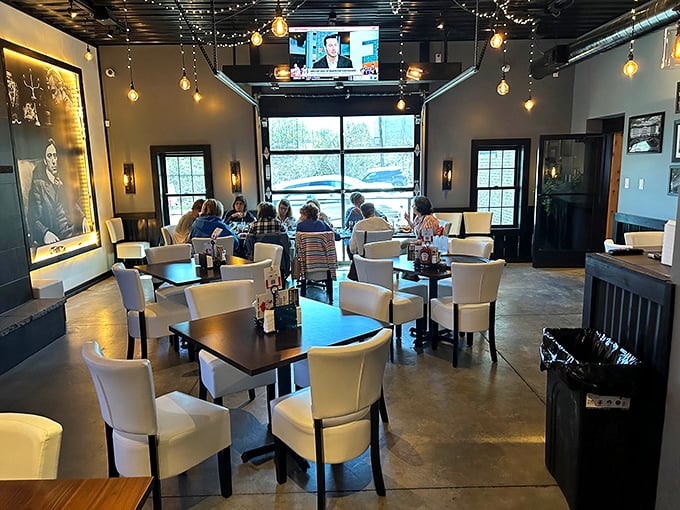 Step inside to a warm, modern dining space where string lights create the perfect ambiance for both casual weeknight dinners and special celebrations.