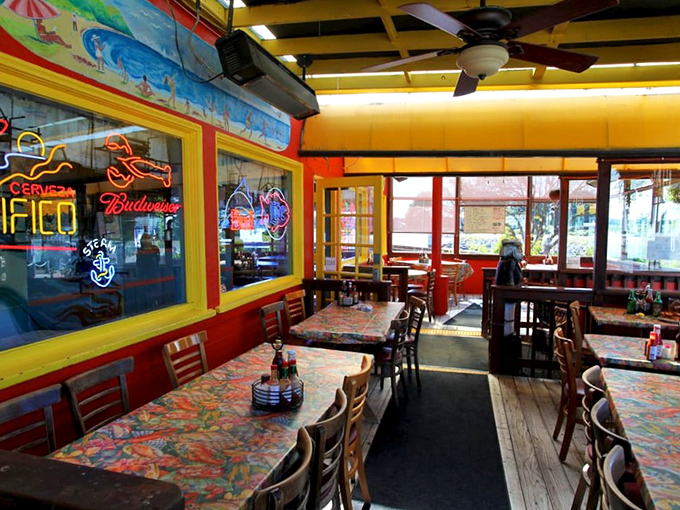 Inside, it's a kaleidoscope of color where neon meets nautical in the happiest possible collision.