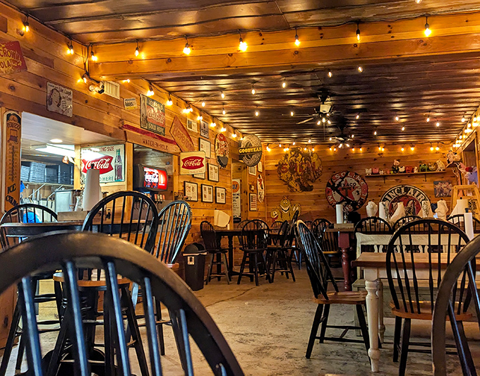 Warm wood paneling bathed in string light glow creates the perfect backdrop for meat-induced euphoria. Simplicity never looked so inviting.