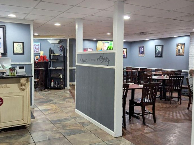 Simple wooden chairs, blue walls, and no-nonsense d&eacute;cor create the perfect backdrop for food that doesn't need fancy surroundings to shine.