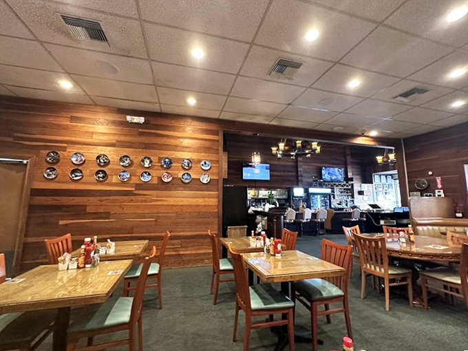 Wooden walls and simple tables create the perfect backdrop for breakfast magic. No designer lighting needed when the food shines this bright.