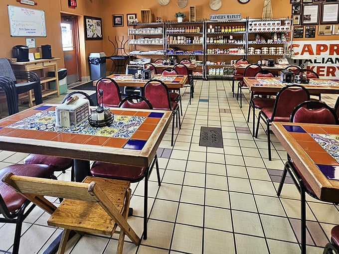 Simple tables with colorful tile tops create the perfect stage for the real stars of the show&mdash;those legendary pepperoni rolls that keep Michiganders coming back.