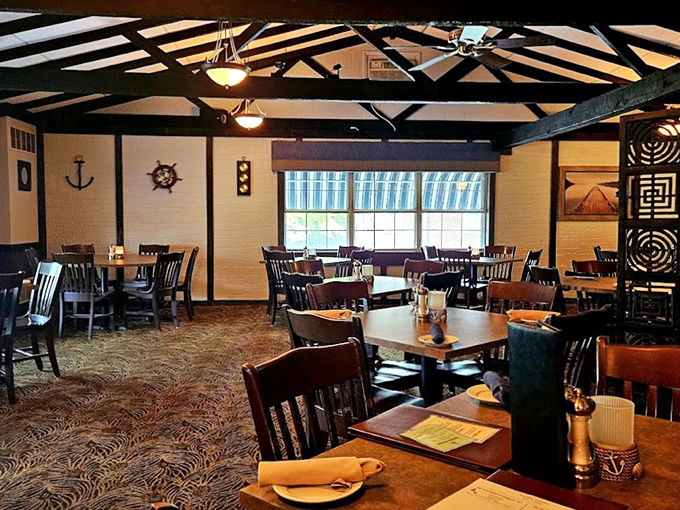 Exposed beams and nautical touches transport you to a New England seaside tavern. The dining room feels like the world's coziest ship captain's quarters.