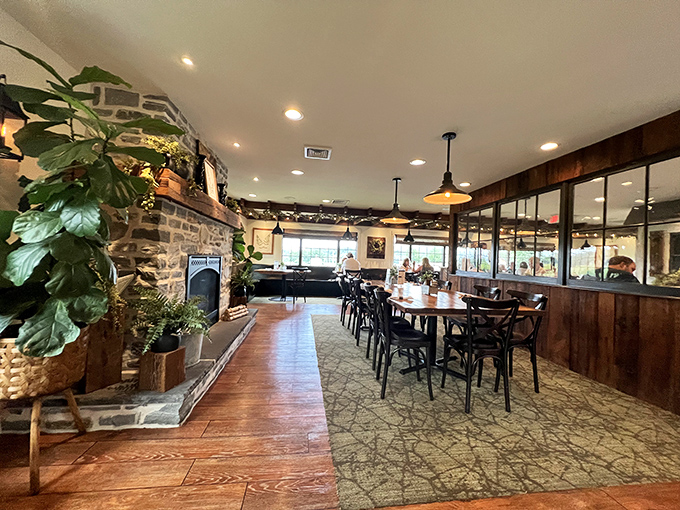 Step inside to discover a dining room where history meets comfort &ndash; stone walls, wooden beams, and plants creating the perfect backdrop for memorable meals.