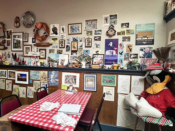 Wall-to-wall memories create the ultimate community scrapbook. This isn't decoration—it's a visual history of Logan told through photographs, artwork, and the occasional sports memorabilia.