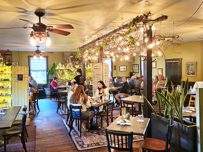 Twinkling lights transform simple wooden beams into an enchanted canopy, proving ambiance doesn't need a Manhattan budget to create magic.