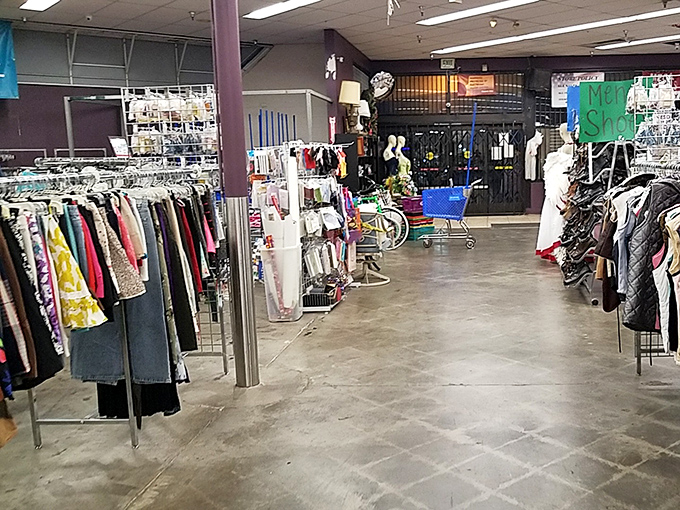 Racks upon racks of possibility. Each aisle at Mega Thrift is like flipping through someone else's autobiography, one garment at a time.