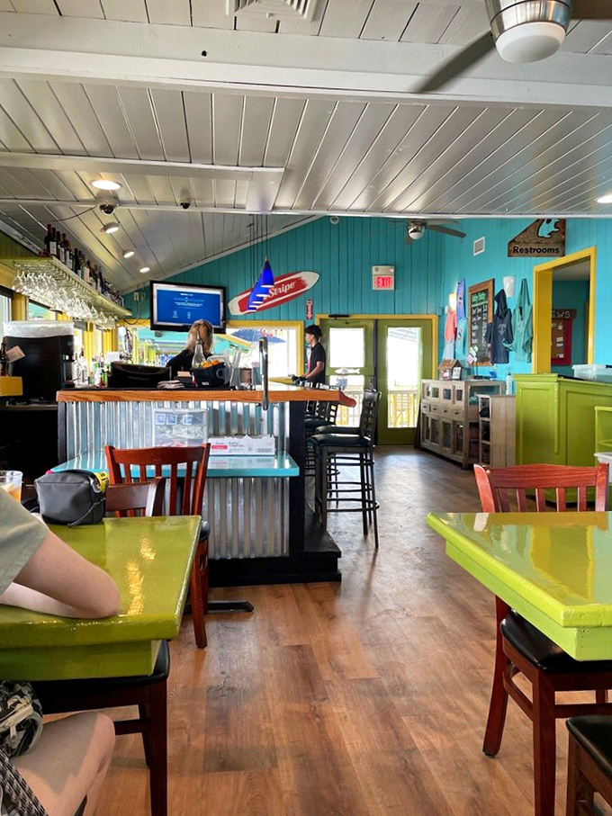 Turquoise walls, lime-green tables, and corrugated metal accents create the perfect beach-casual vibe. Like Jimmy Buffett's living room, but with better food.