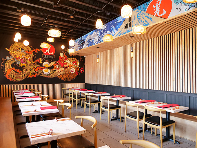 Wood slats and dragon murals create an atmosphere that's part zen garden, part "I need ramen NOW" urgency.