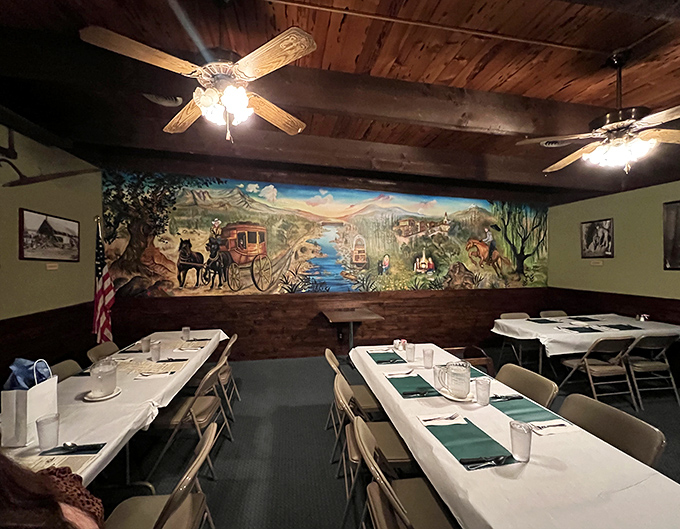 This isn't interior decorating&mdash;it's storytelling. The mural depicting Gold Rush scenes reminds you that in California, history is always on the menu.