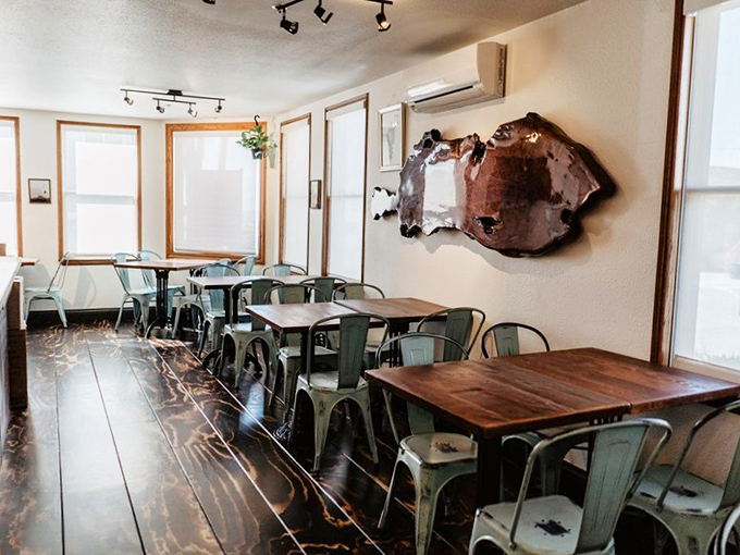 Minimalist charm meets barbecue seriousness inside, where wooden tables and metal chairs let you know they're saving all the fuss for the food.