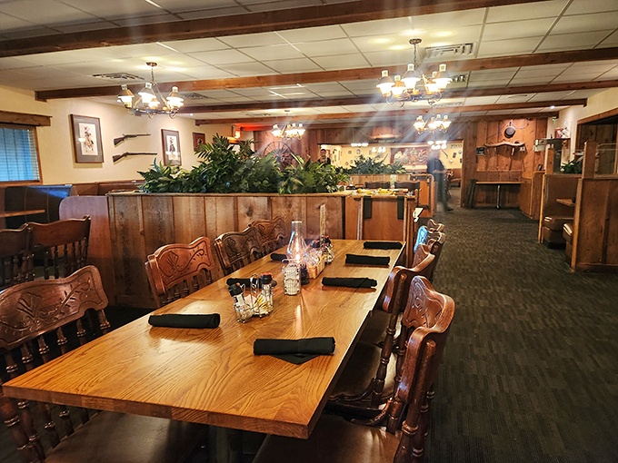 Rustic wooden charm meets steakhouse comfort in Angelo's dining room. The kind of place where memories are made between bites of perfectly seared beef