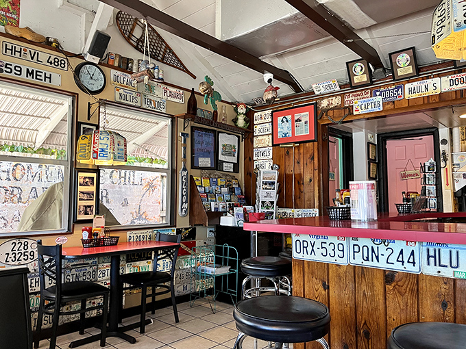 License plate heaven! The interior walls tell the stories of thousands of travelers who found their way to this Key Largo institution.